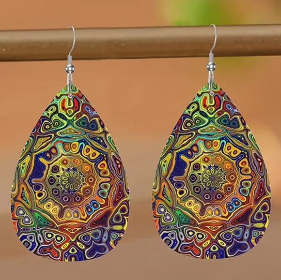 Jewelry | Rainbow Faux Leather Bohemian Hippie Boho Mandala Tear Drop ...